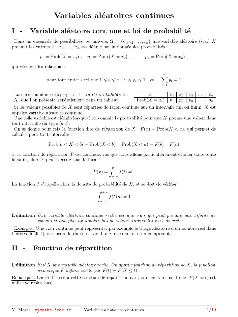 Cours Variables Aleatoires Continues | PDF | Variable aléatoire à densité | Loi de probabilité