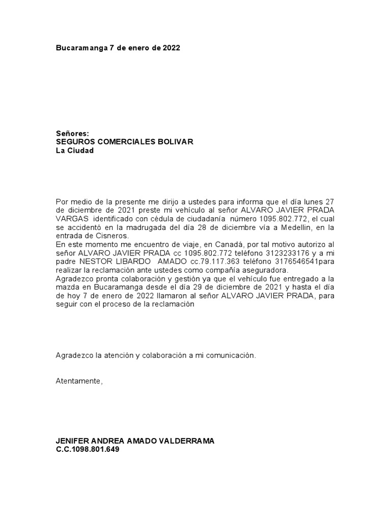 Carta Siniestro Jenifer Amado | PDF