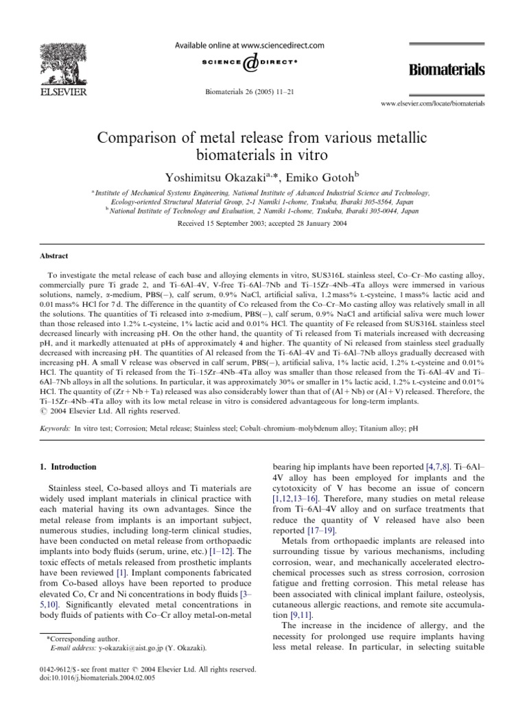Comparison of Metal Release From Various Metallic | PDF | Titanium | Metals