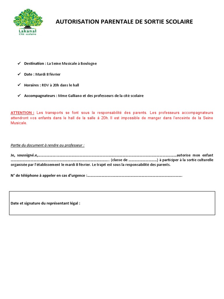 Autorisation Parentale de Sortie Scolaire | PDF