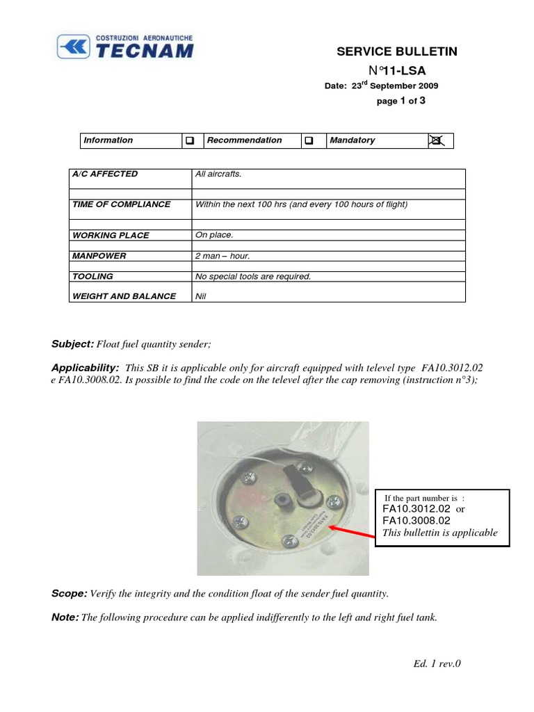 SB 11-LSA-Fuel Tank Float Inspection | PDF