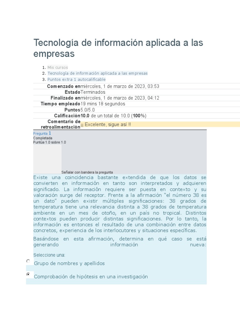 Autocalificable - Sem 1 - Tecnología de Información Aplicada A Las Empresas | PDF | Información ...