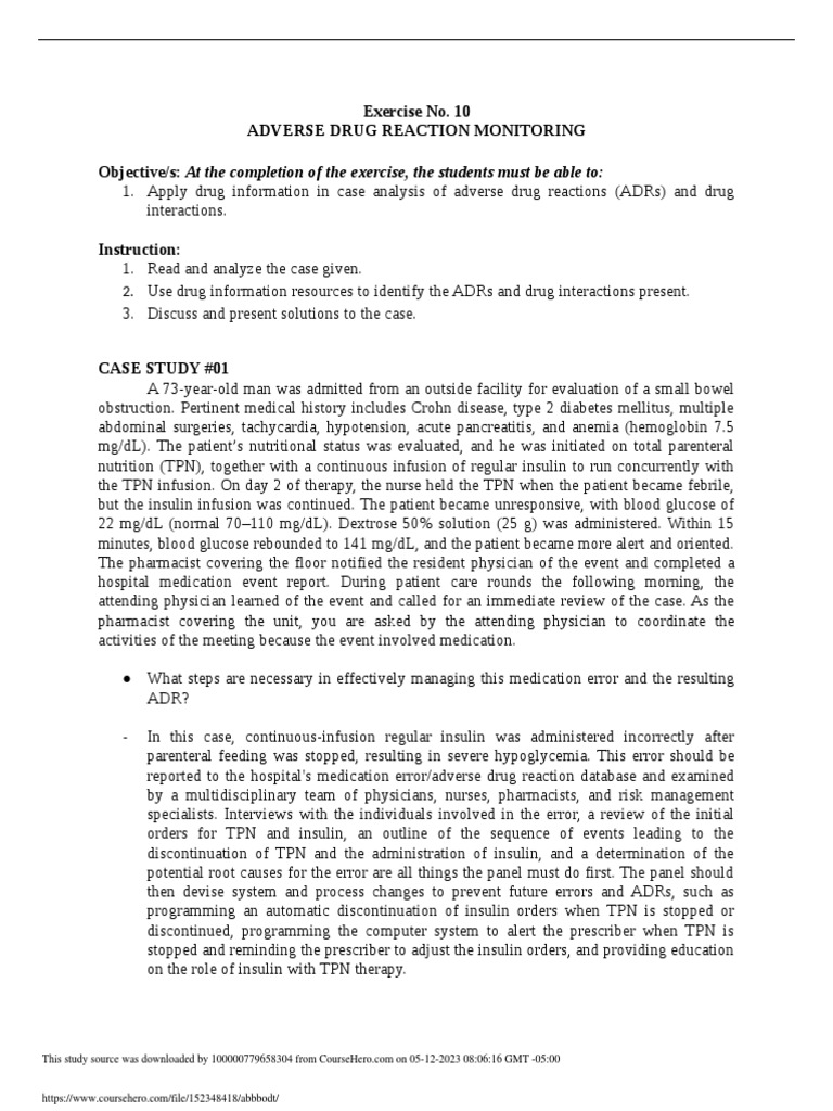 Experiment10 Adverse Drug Reaction Monitoring Pdf Intravenous Therapy Patient