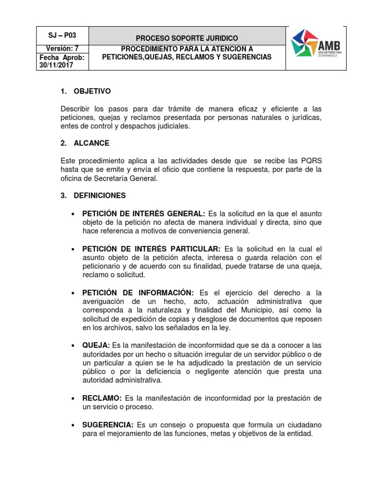 Procedimiento para La Atencion de PQR | PDF | Petición
