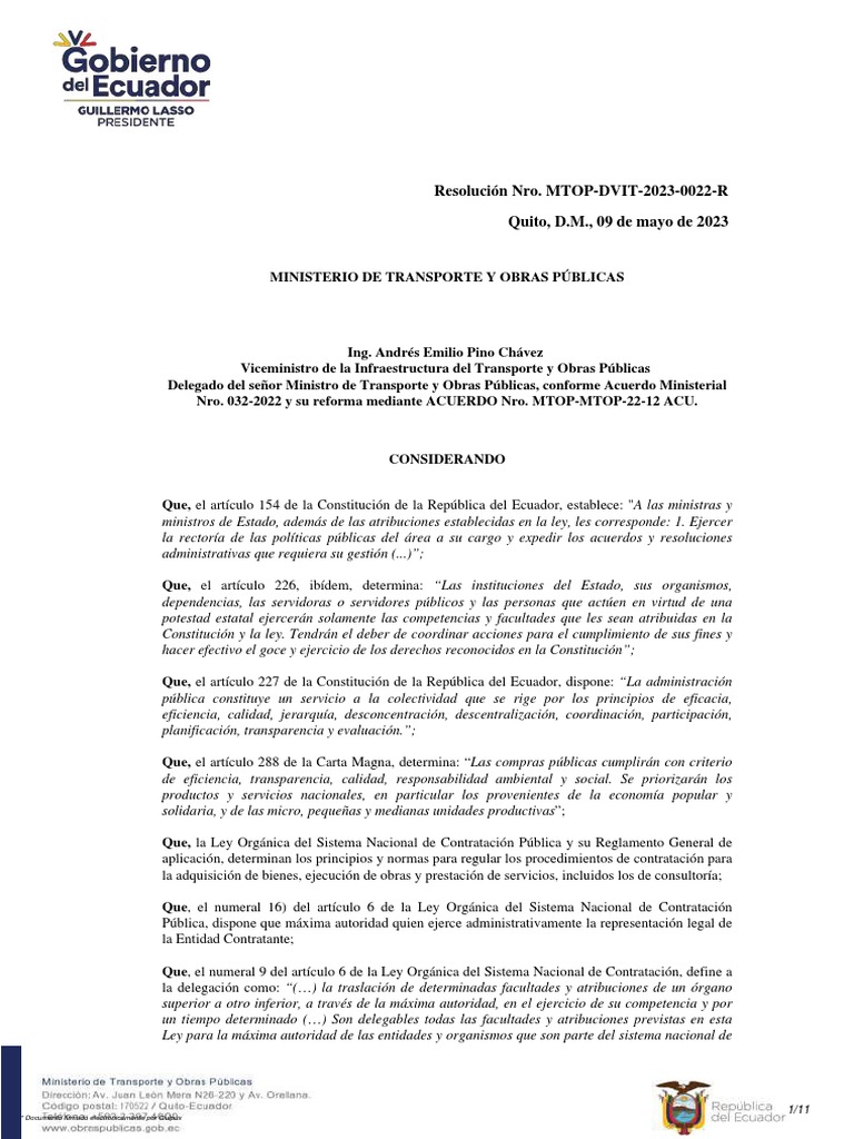 Resolución Nro. MTOP-DVIT-2023-0022-R Quito, D.M., 09 de Mayo de 2023 | PDF