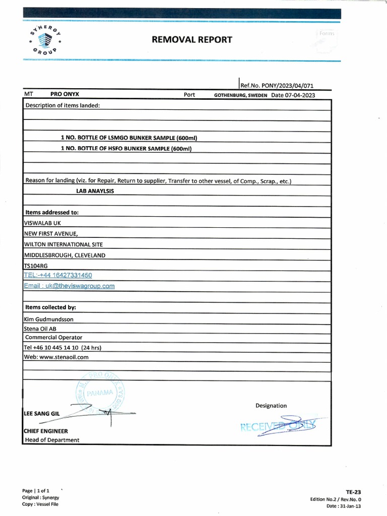 07.04.2023 Removal Report - Bunker Sample | PDF