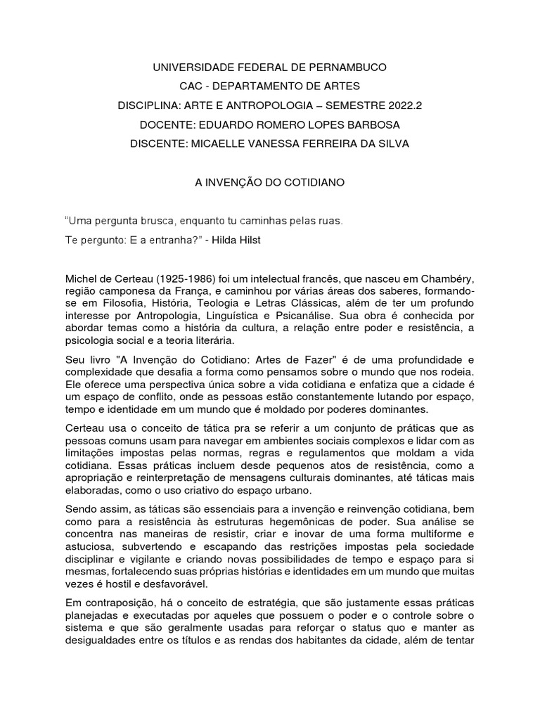 Resenha A Invenção Do Cotidiano - Michel de Certeau | PDF