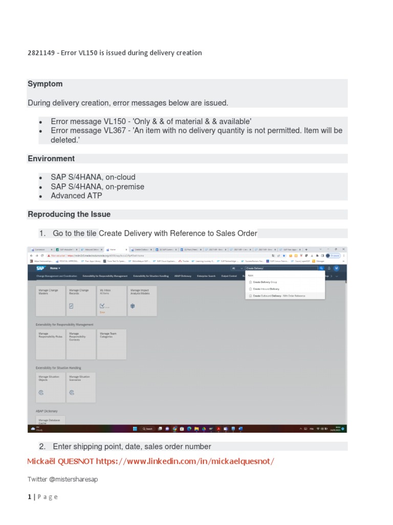 Error VL150 Is Issued During Delivery Creation | PDF