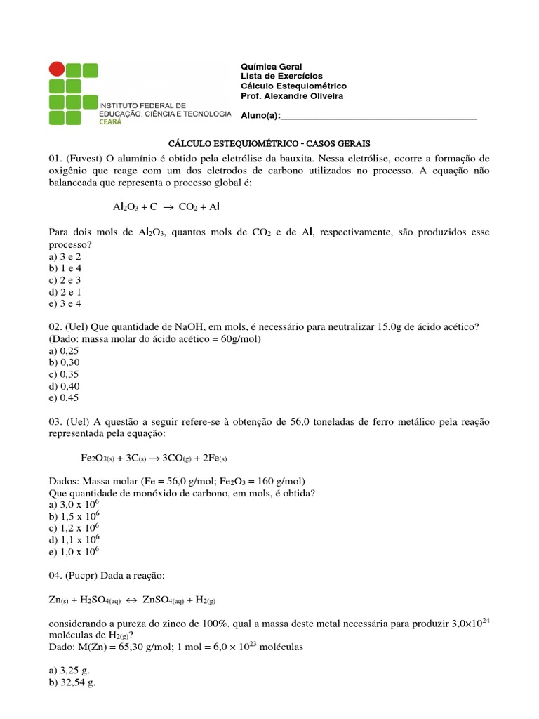 Lista de Exercícios - Cálculo Estequiométrico | PDF