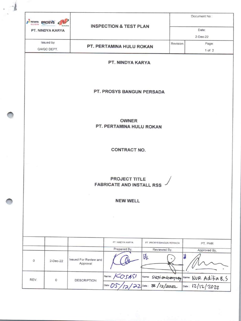 Inpection Dan Test Plan (Rencana Inspeksi Dan Tes) | PDF