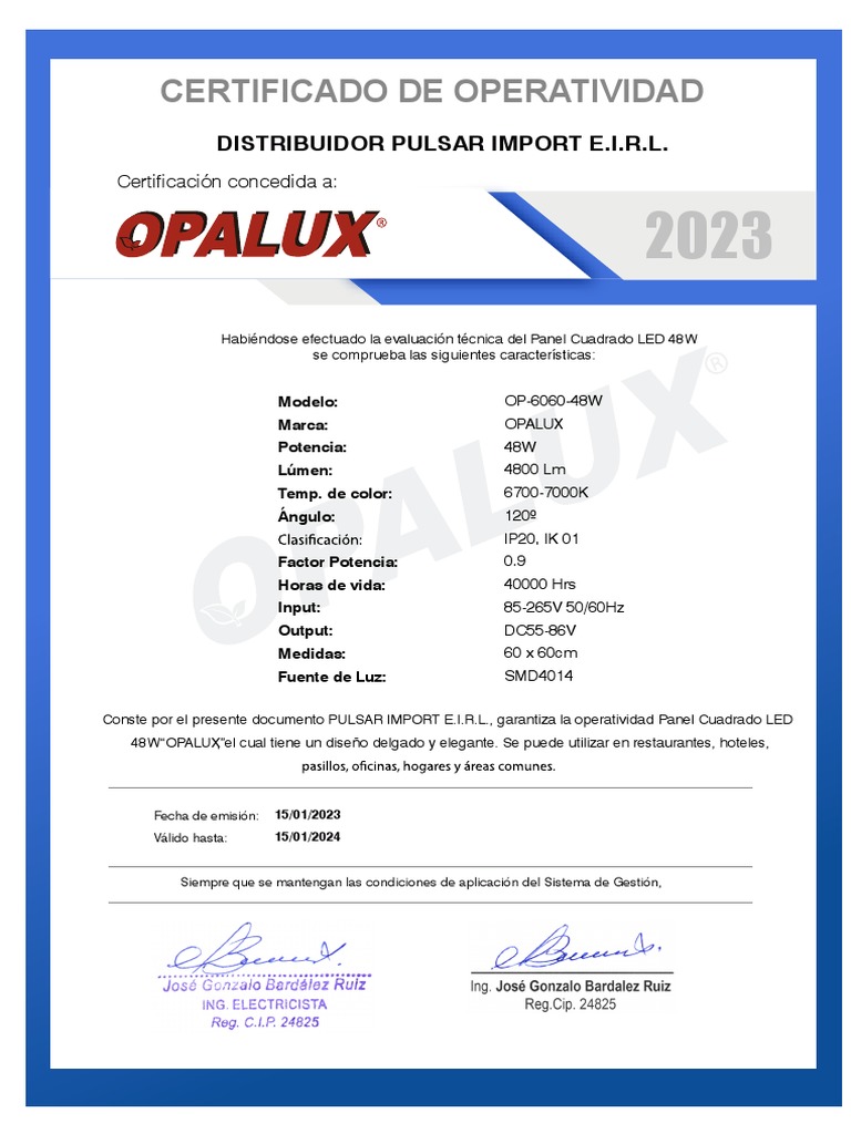 Op-6060-48w Certificado Opalux | PDF