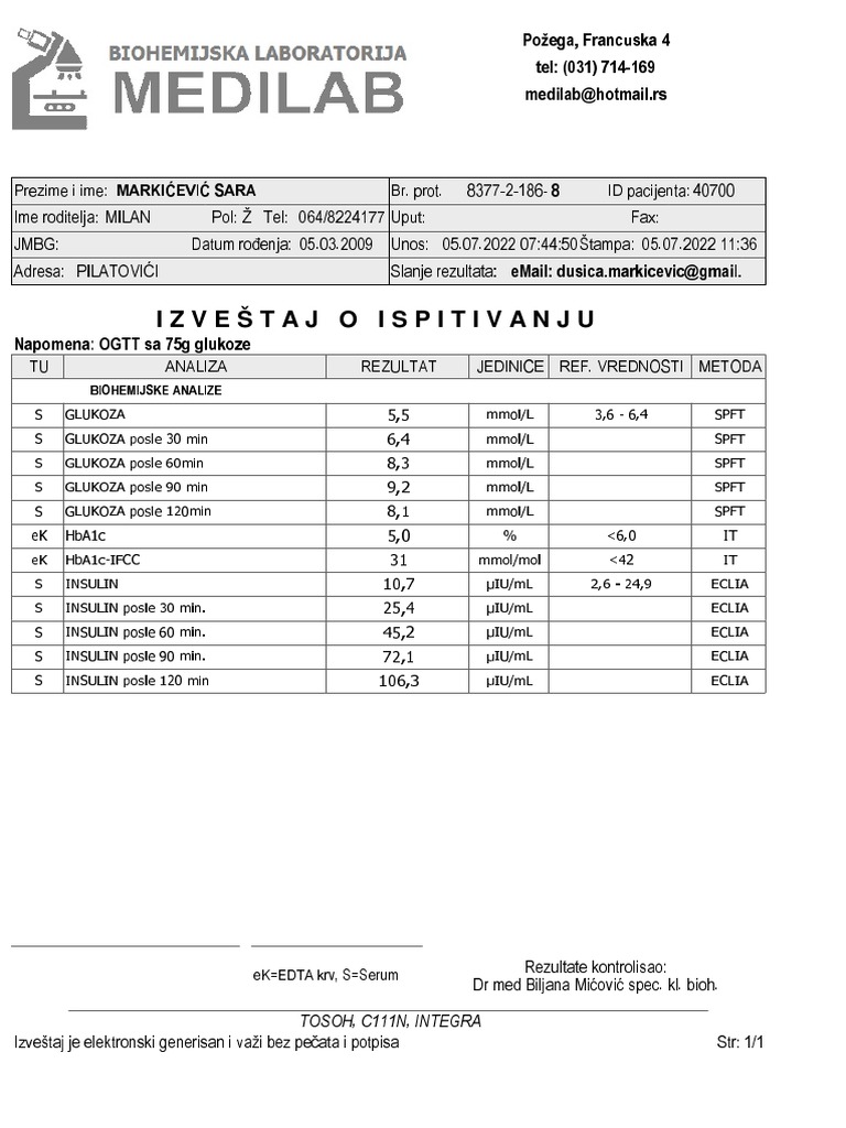 Izveštaj O Ispitivanju: Ek EDTA KRV, S Serum Tosoh, C111N, Integra | PDF
