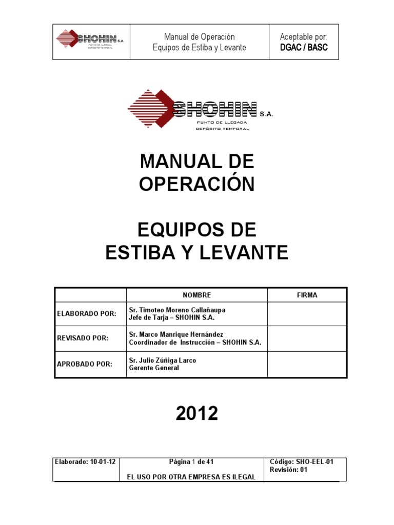 Manual de Operacion de Equipos de Estiba y Levante 2012 | PDF | Máquina elevadora | Coche