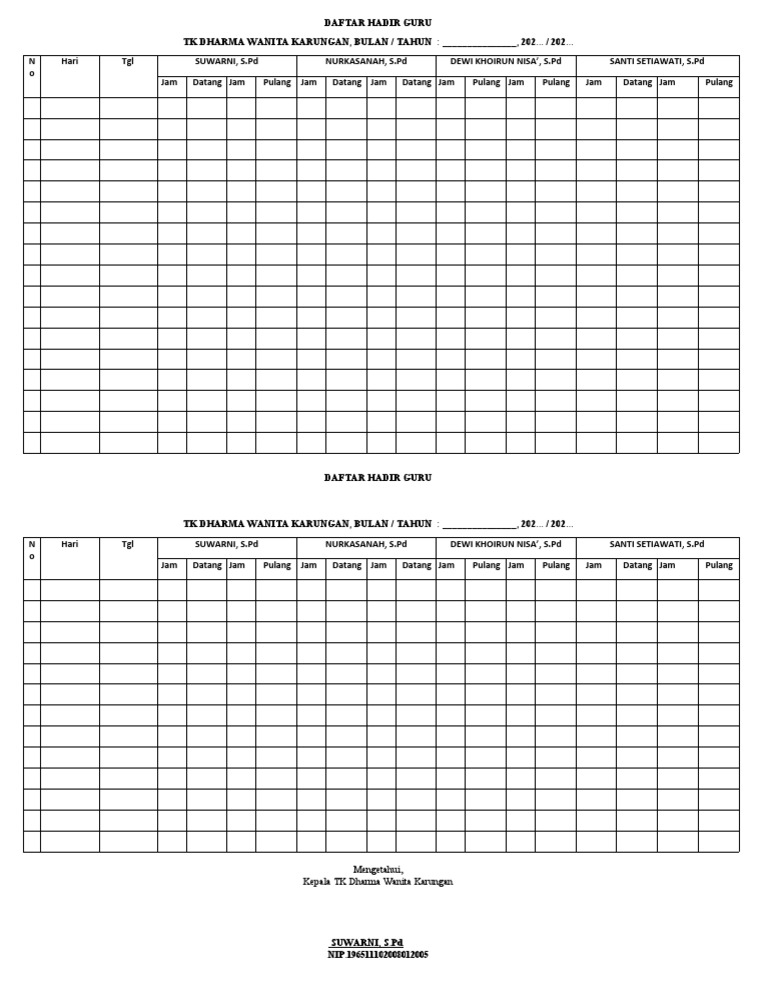 Daftar Hadir Guru TK | PDF