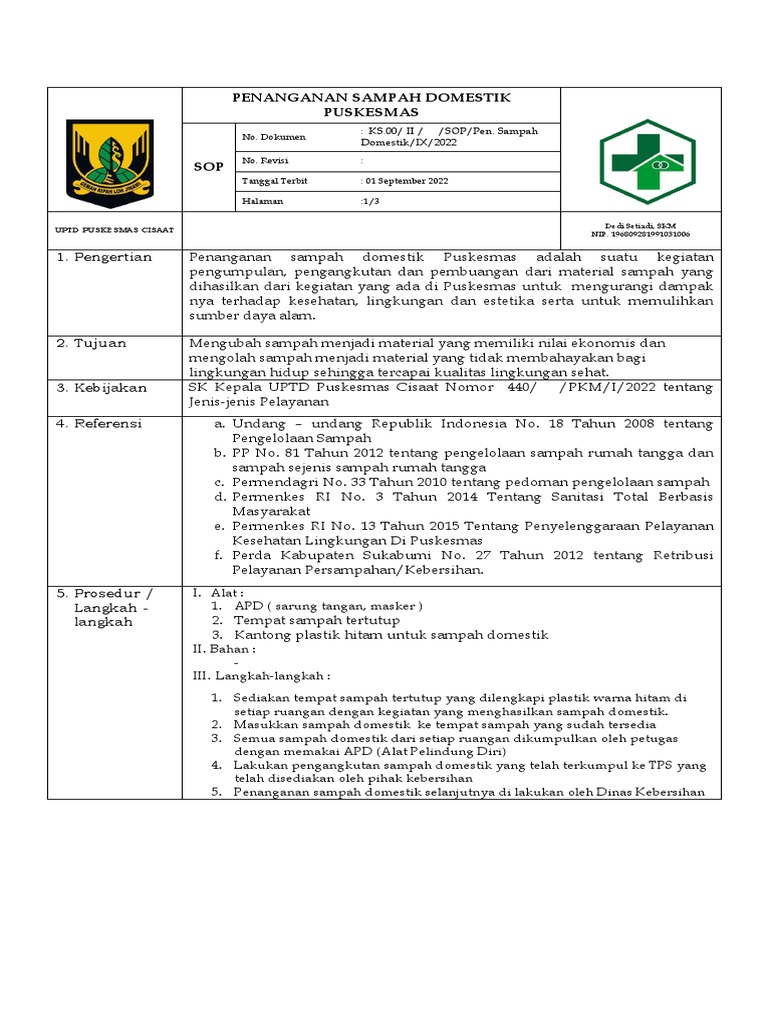 14 SOP Pengelolaan Sampah Domestik Baru | PDF