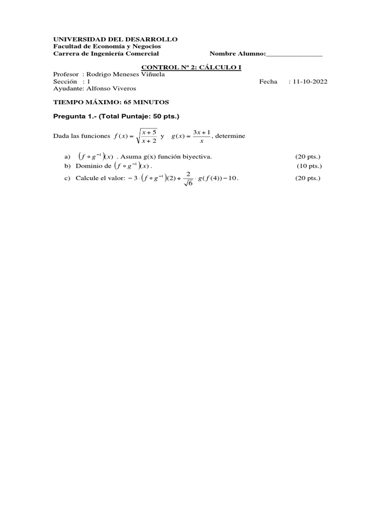 Pauta Control Nº2-Cálculo I (S1) - 2º-2022 | PDF
