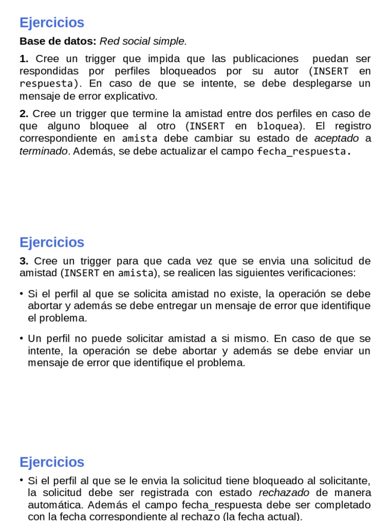 Ejercicios SQL - Red Social Simple (Triggers) | PDF