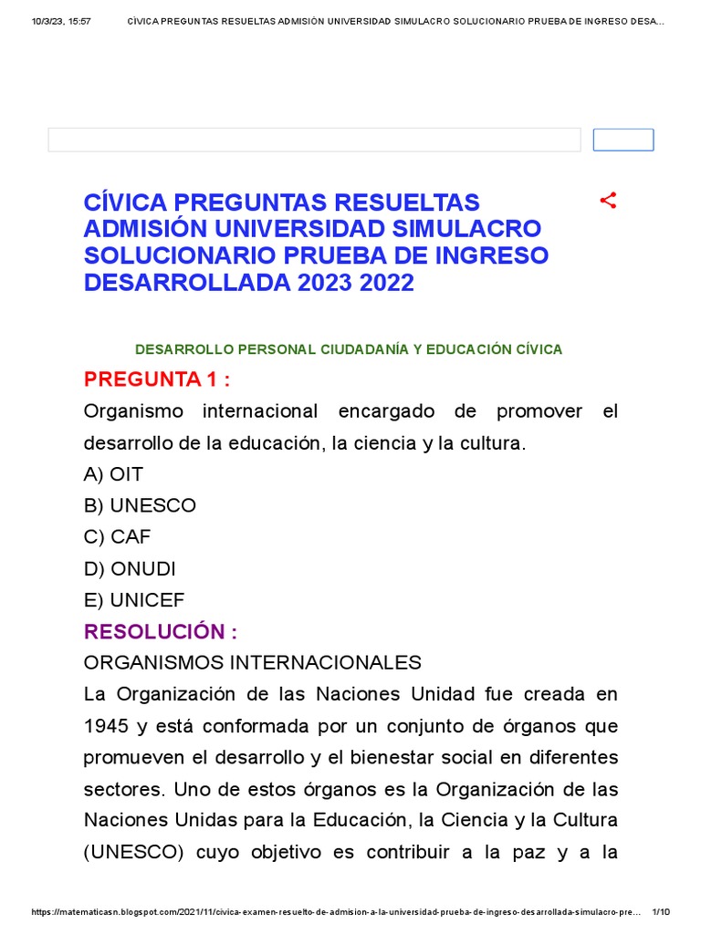 Cívica Preguntas Resueltas Admisión Universidad Simulacro Solucionario Prueba de Ingreso ...