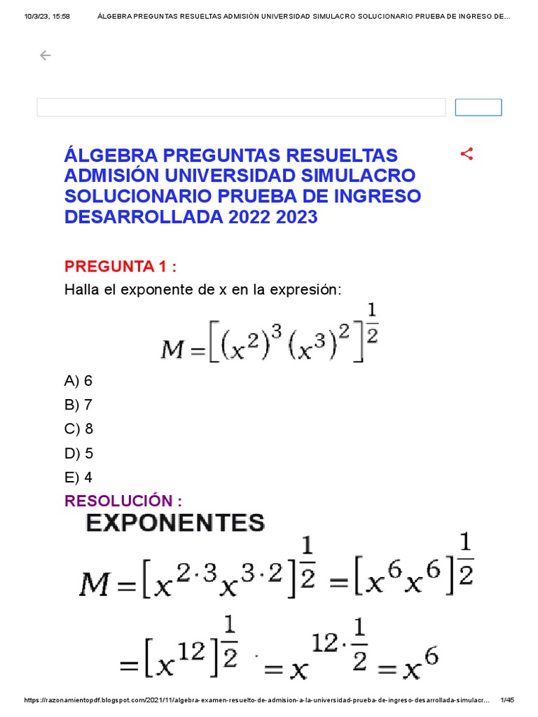 Álgebra Preguntas Resueltas Admisión Universidad Simulacro Solucionario Prueba de Ingreso ...
