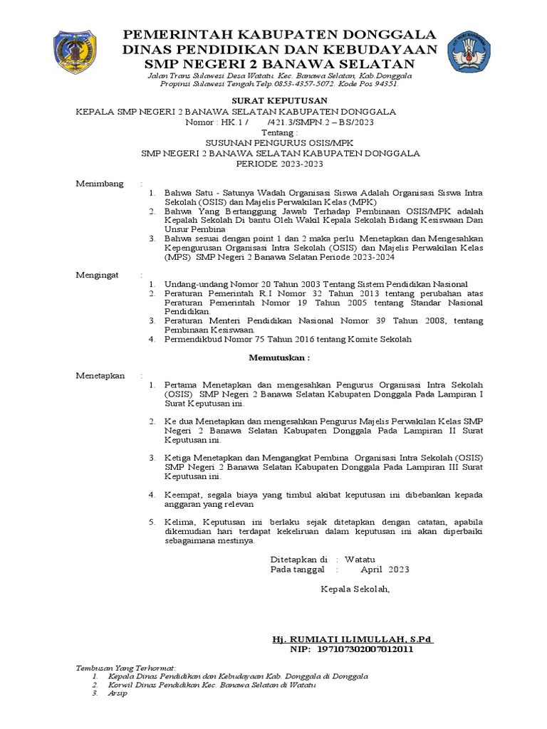 SK Pengurus OSIS SMP Negeri 2 2023 | PDF