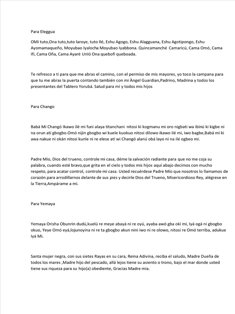 Rezos a los Orishas en Lucumí | PDF