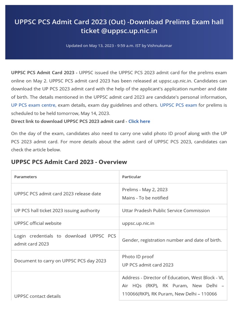 UPPSC PCS 2023 Admit Card Released | PDF | Identity Document