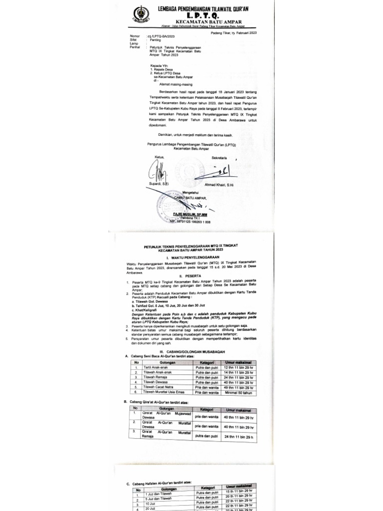 Juknis MTQ Tingkat Kecamatan Di Desa Ambarawa 2023 | PDF