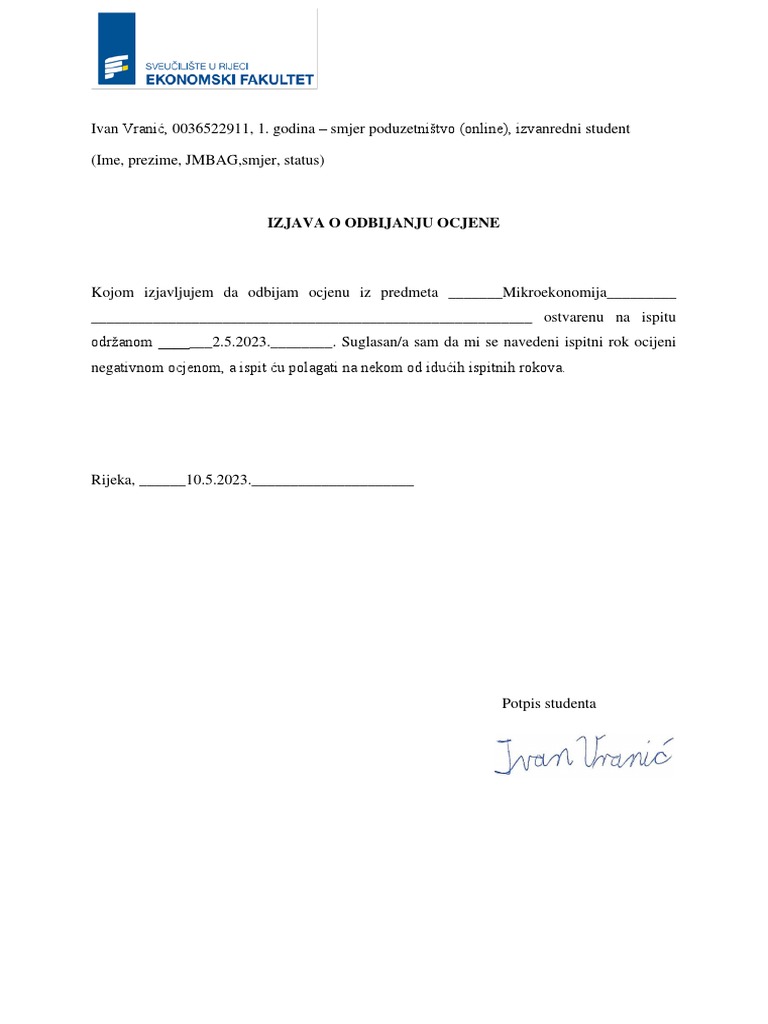 Izjava o Odbijanju Ocjene Iz Mikroekonomije | PDF