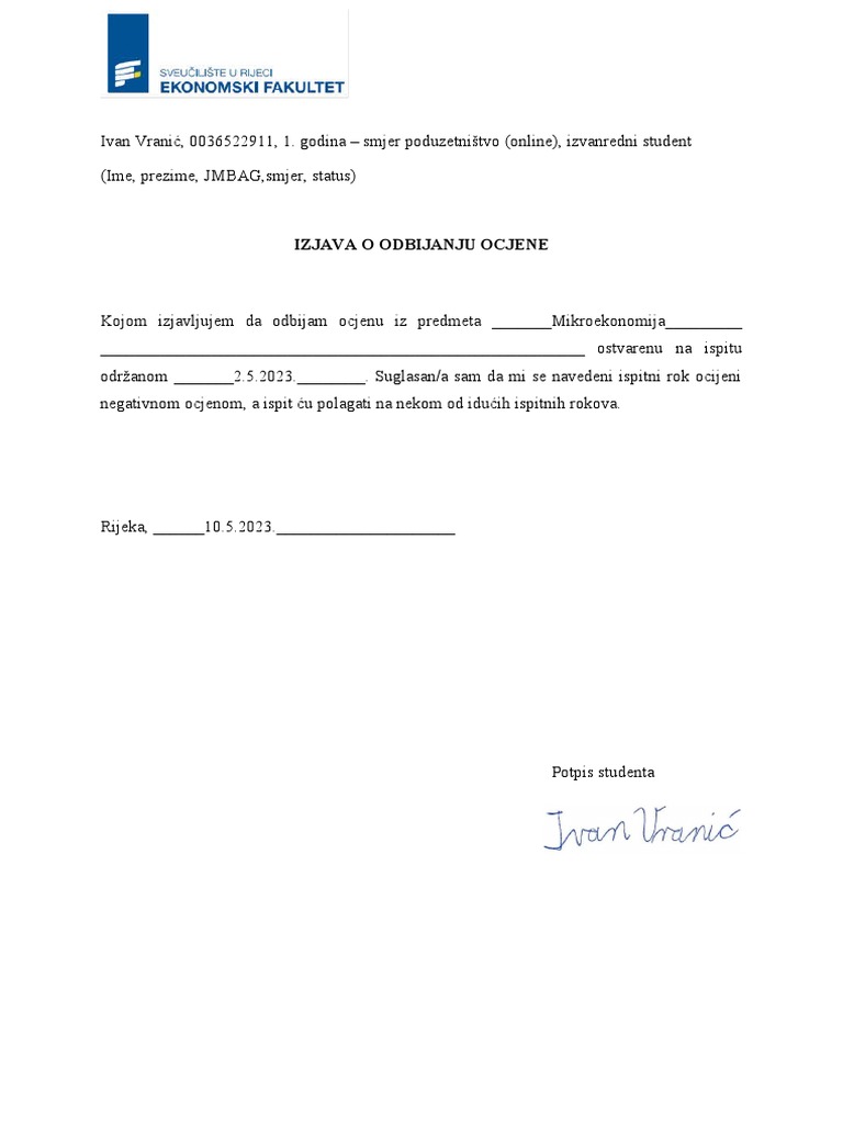 Izjava o Odbijanju Ocjene | PDF