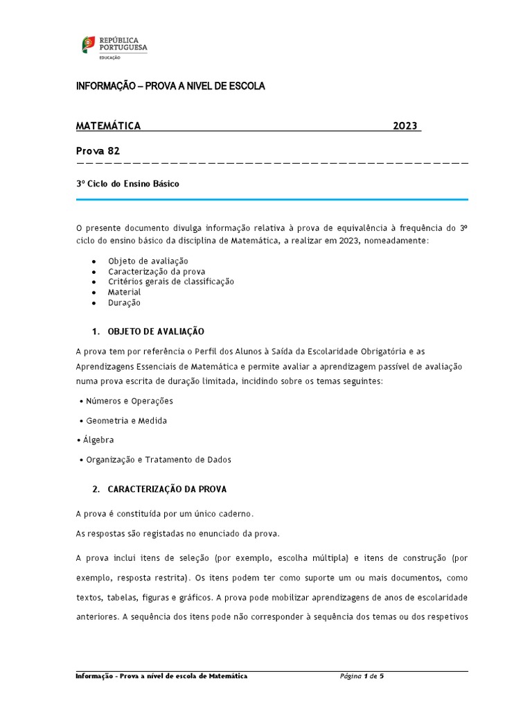 Informação - Prova A Nível de Escola 2023 | PDF