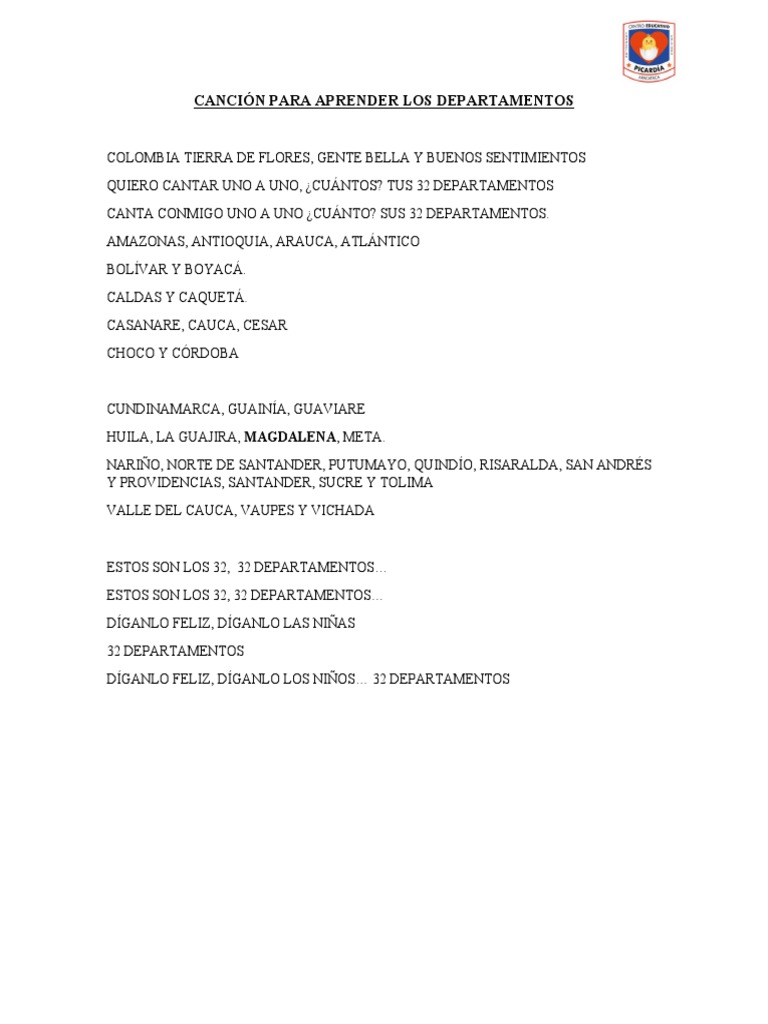 Letra Canción para Aprender Los Departamentos de Colombia | PDF
