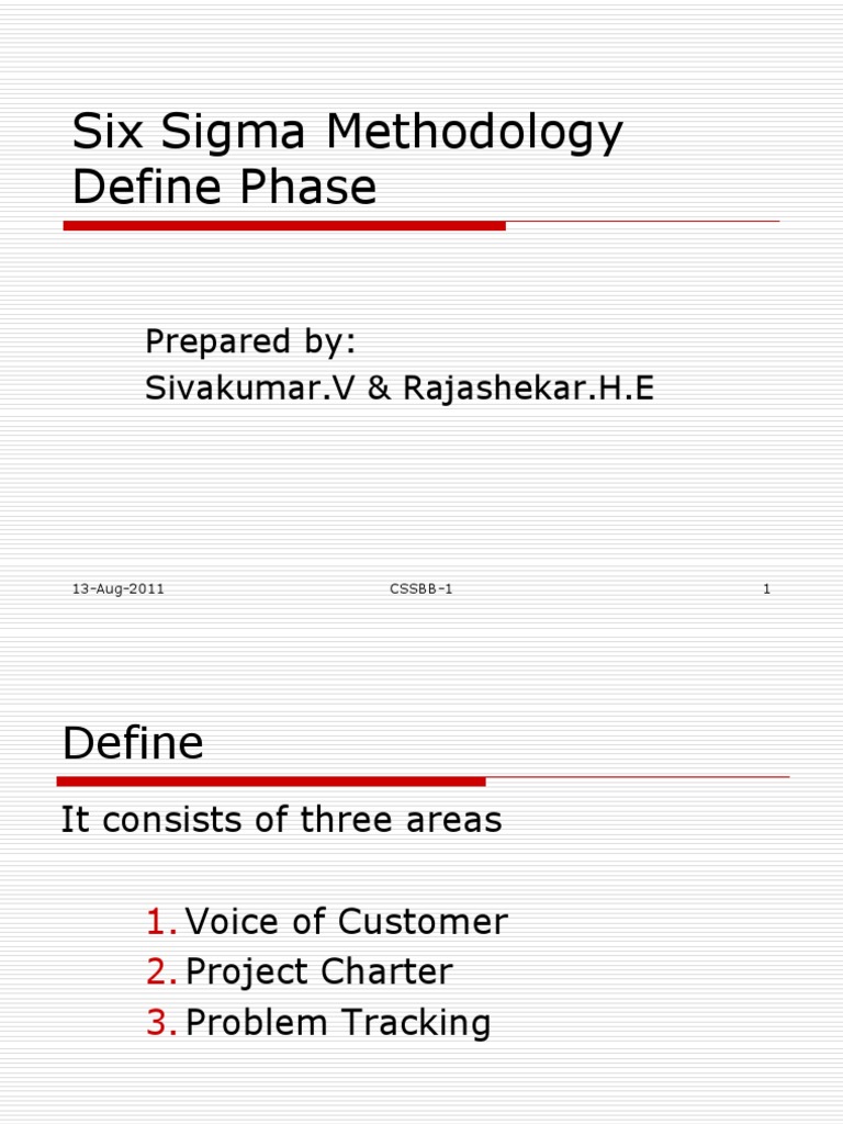 Six Sigma Methodology Define Phase: Prepared By: Sivakumar.V ...