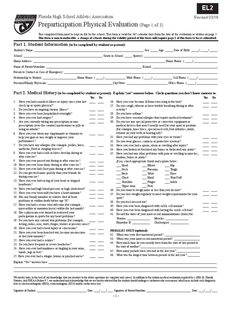 Assessing Student Athlete Health and Safety: A Pre-Participation Physical Evaluation Form | PDF