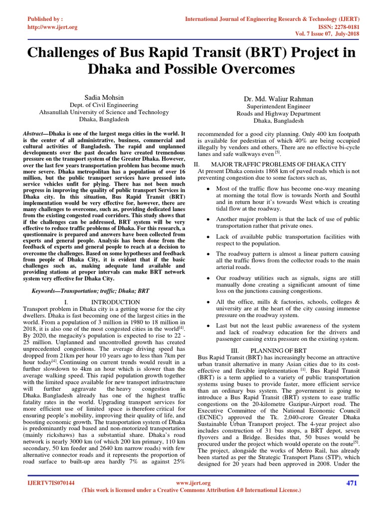 Challenges of Bus Rapid Transit BRT Project in Dhaka and Possible ...