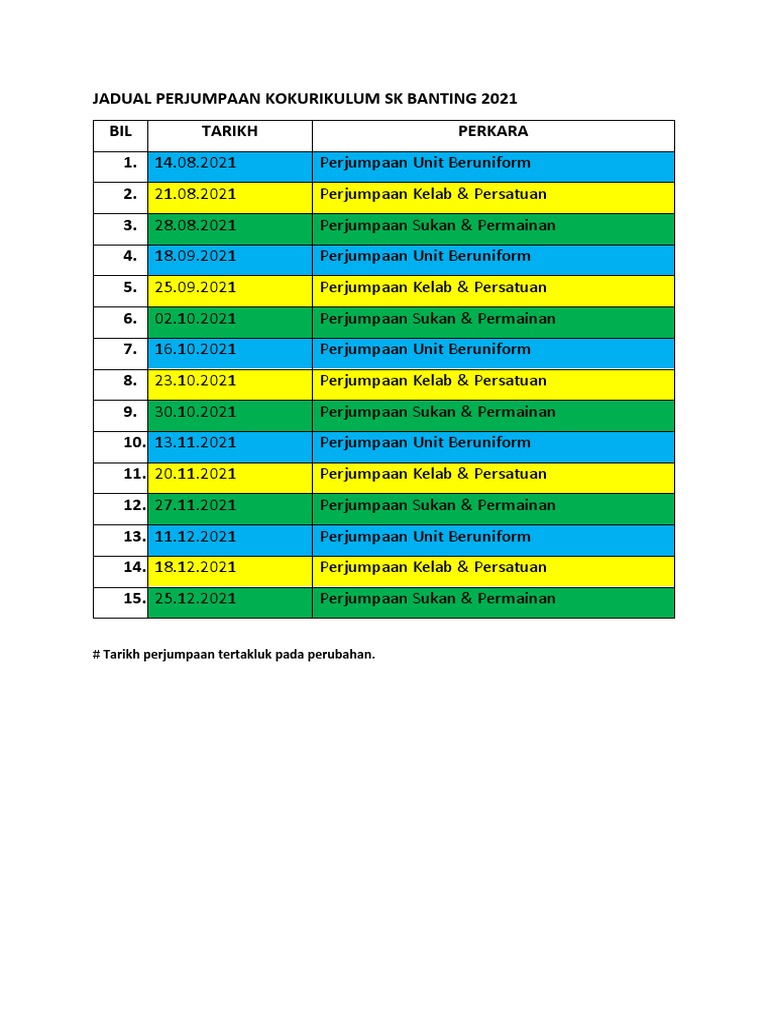 Jadual Perjumpaan Kokurikulum 2021 | PDF