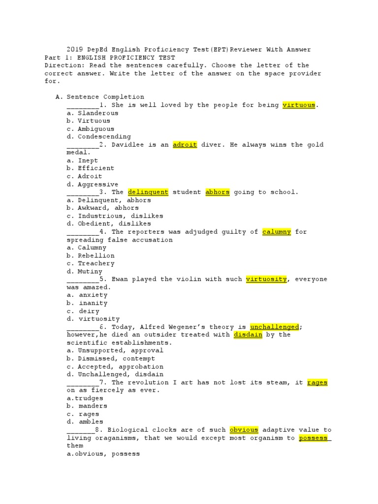 2019 DepEd English Proficiency Test | PDF