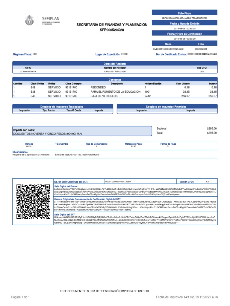 Secretaria de Finanzas Y Planeacion SFP000520C28: Folio Fiscal | PDF ...