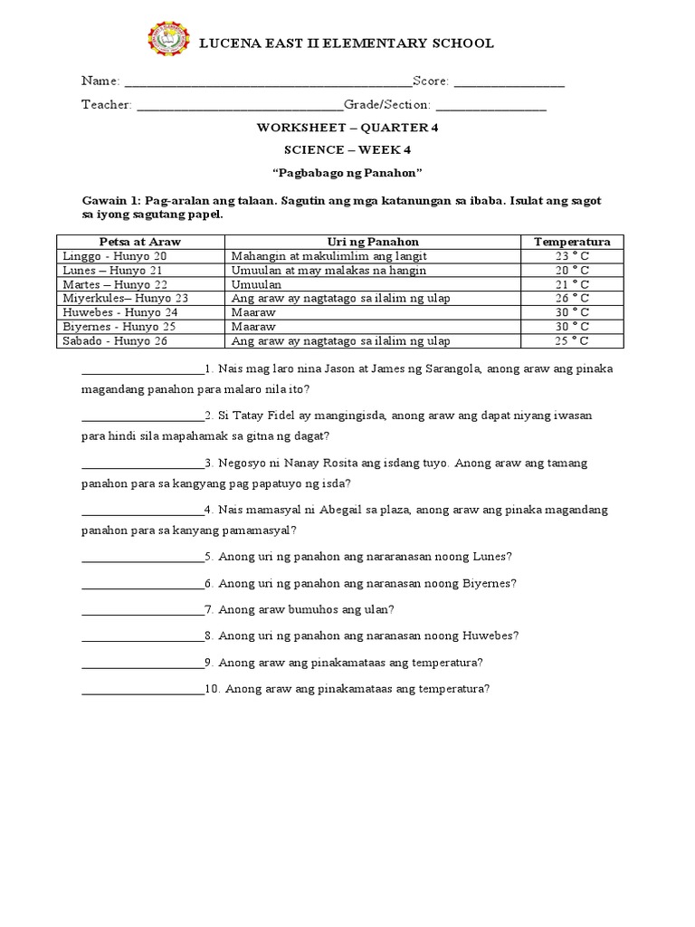 Science Q4 W4 Worksheet | PDF