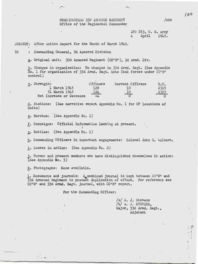 8 - 33rd Armored Regiment After Action Report March 1945 | PDF