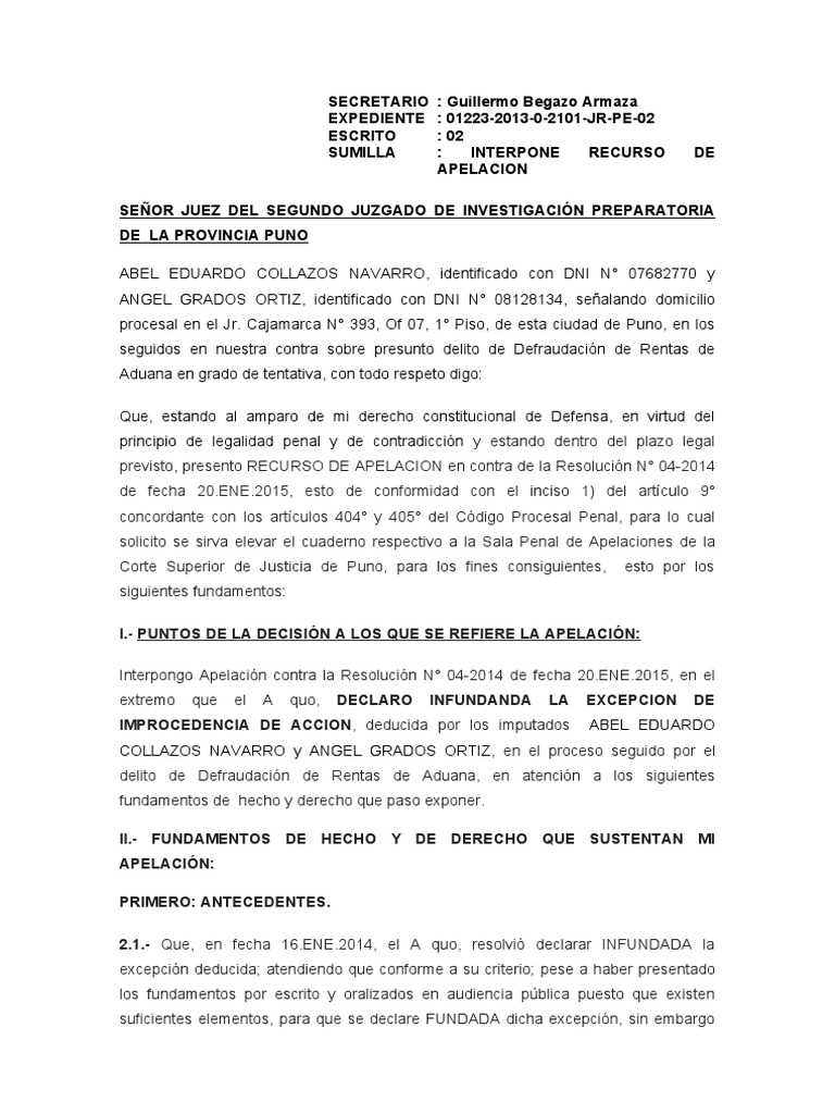 Recurso de Apelación de Auto Penal | PDF | Debido al proceso | Derecho ...