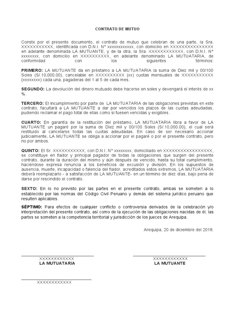 Modelo de Contrato de Mutuo | PDF | Derecho civil (sistema legal) | Ley ...