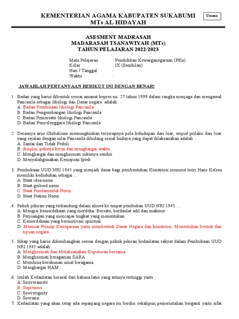 SOAL AM PKN 2022 - 2023 - Fix | PDF