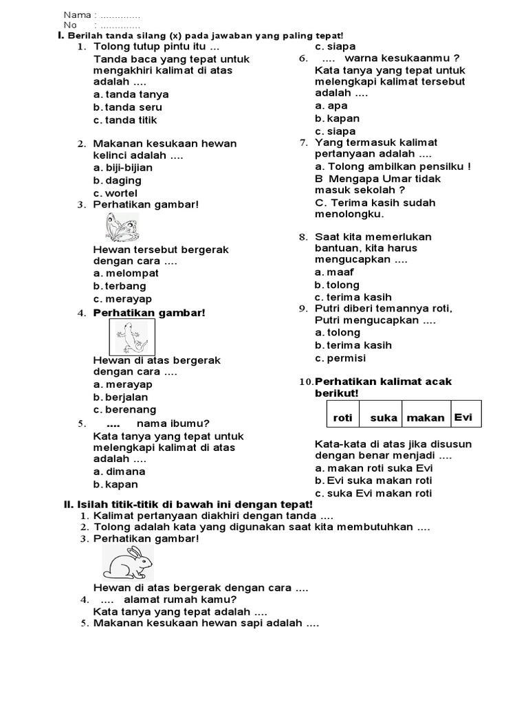 Soal Sts 2 B Indonesia Kelas 1 | PDF