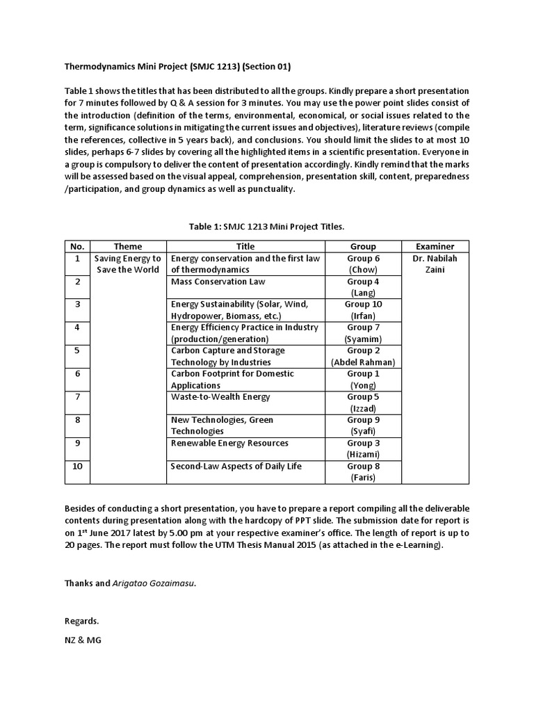 Guideline For Thermodynamics Mini Project (Section 01) | PDF