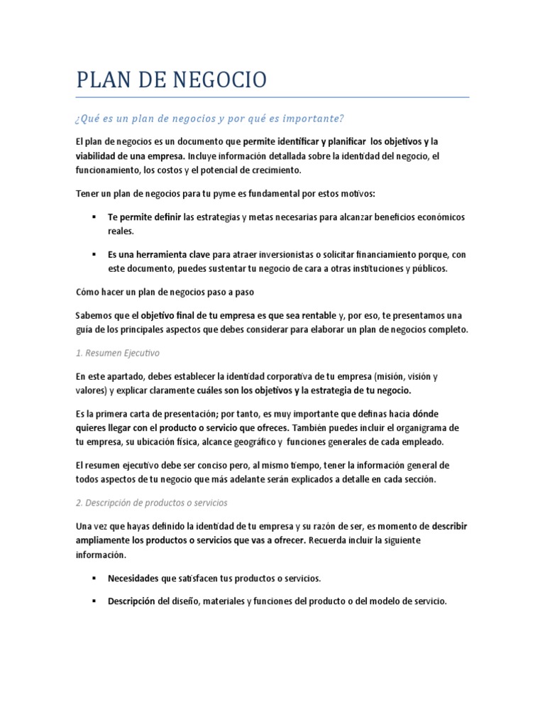 Plan de Negocio | PDF | Negocios | Finanzas y dinero