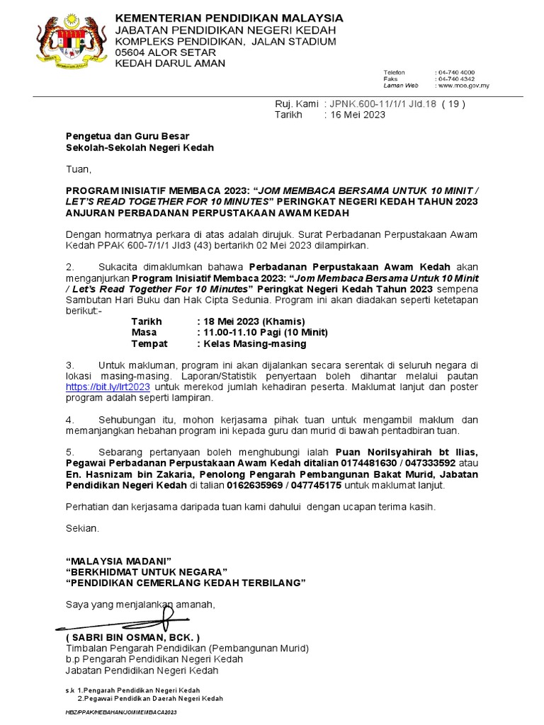 Program Inisiatif Membaca 2023 "Jom Membaca Bersama Untuk 10 Minit Let's Read Together For 10 ...