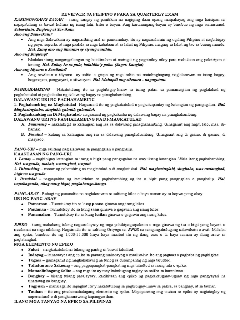 Reviewer Sa Filipino 8 para Sa Quarterly Exam | PDF