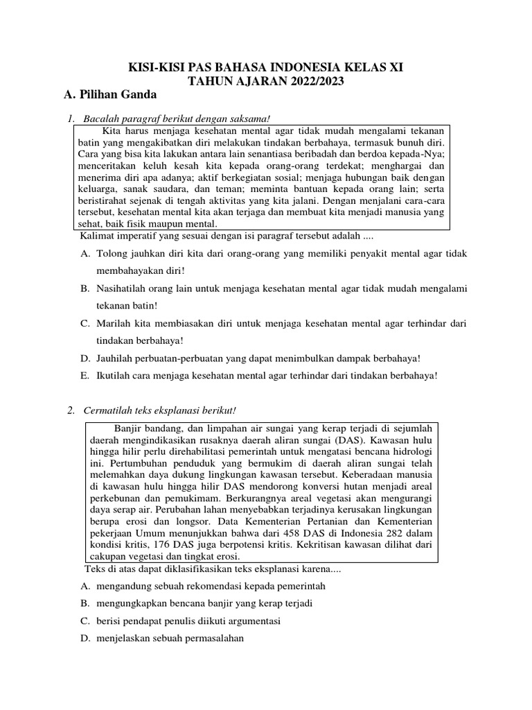 Kisi-Kisi Pas Bahasa Indonesia Kelas Xi | PDF