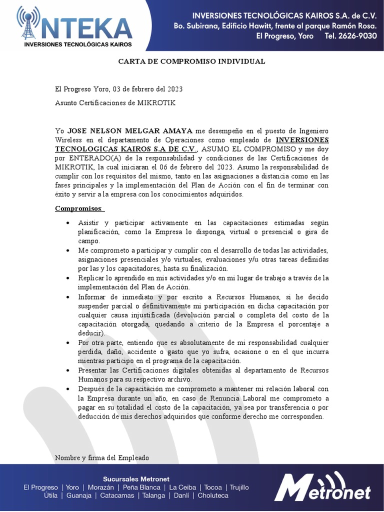 CARTA DE COMPROMISO INDIVIDUAL (1) | PDF