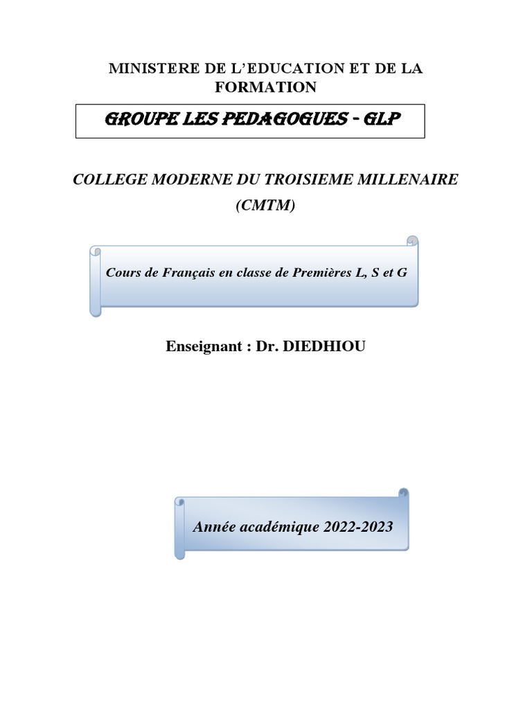 Cours de Français pour la Première L, S, G | PDF